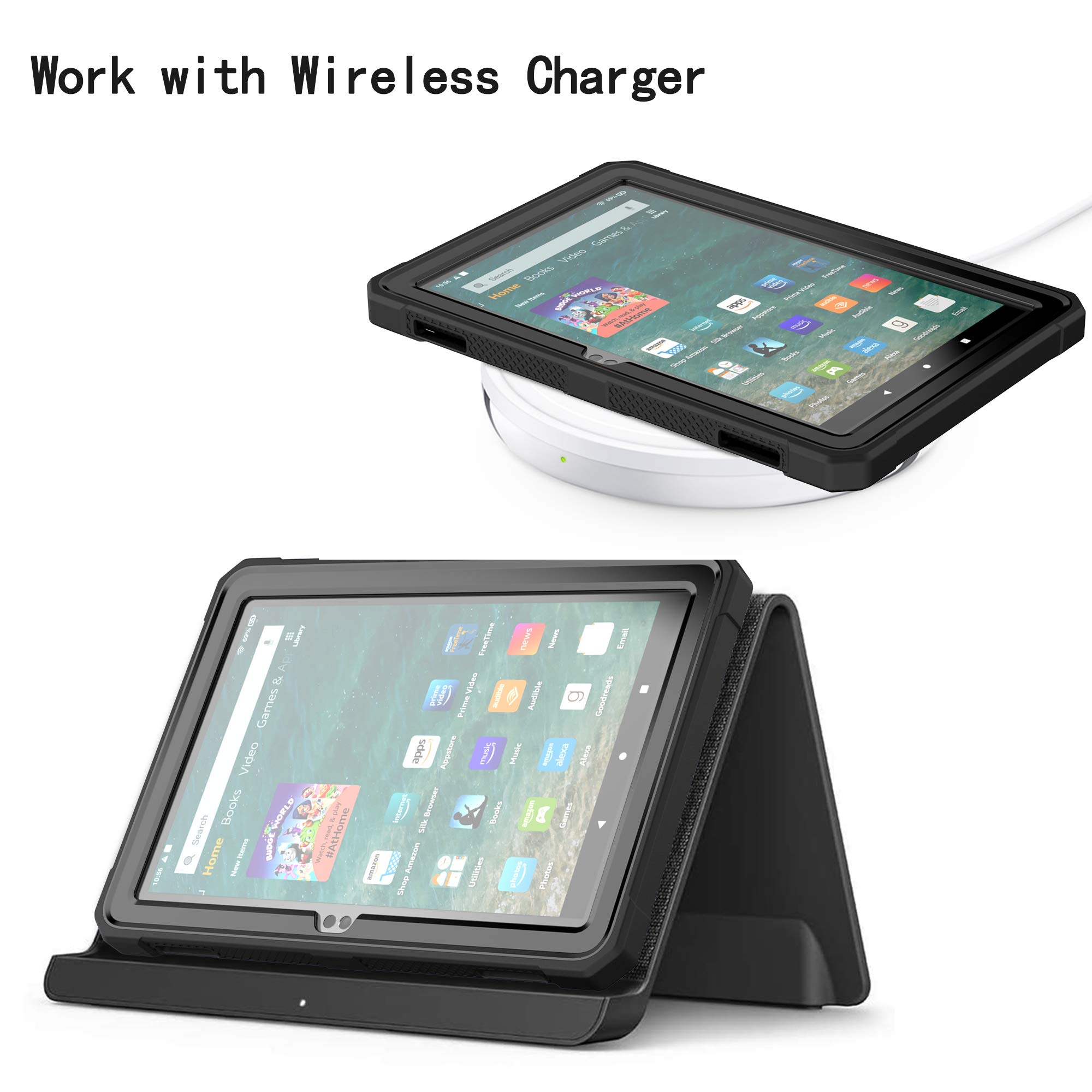 EpicGadget Case for Amazon Fire HD 8 / Fire HD 8 Plus (10th Gen, 2020 Released) - Clear Back Full Body Dual Layer Protective Hybrid Cover Case Support Wireless Charging for HD 8 Plus (Black)