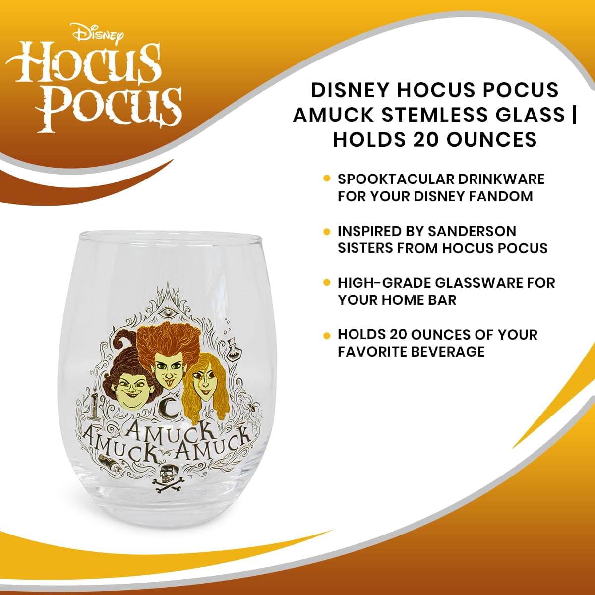 Disney Hocus Pocus Amuck Stemless Glass | Holds 20 Ounces
