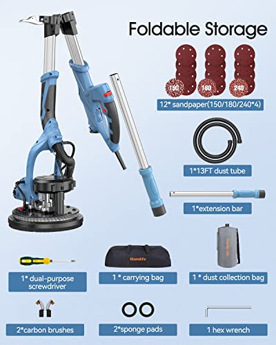Handife Drywall Sander 800W 7A with Vacuum Auto Dust Collection, Variable Speed 800-1800RPM Power Double-Deck LED Lights, Extendable Handle, Carrying Bag Blue