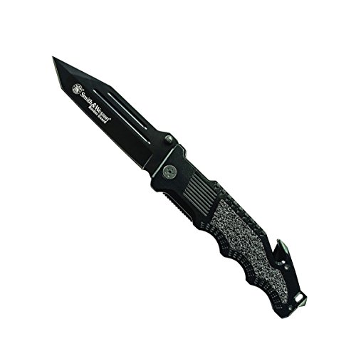 Smith & Wesson Border Guard SWBG2TS 10in High Carbon S.S. Folding Knife with 4.4in Serrated Tanto Blade and Aluminum Handle for Tactical, Survival and EDC , Black