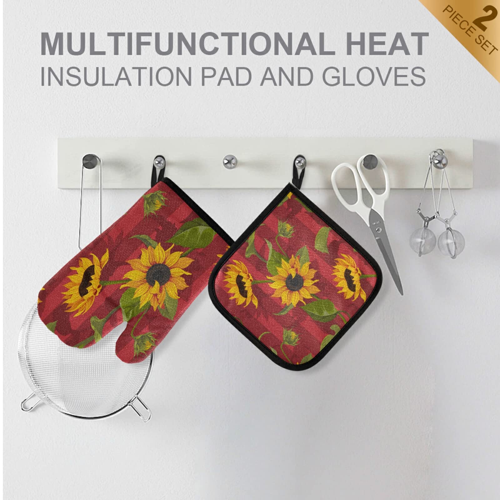 Fall Red Sunflower Oven Mitts and Pot Holders Autumn Thanksgiving Hot Pads & Heat Resistant Gloves Oven Mitten for Kitchen Cooking BBQ Baking Bakeware