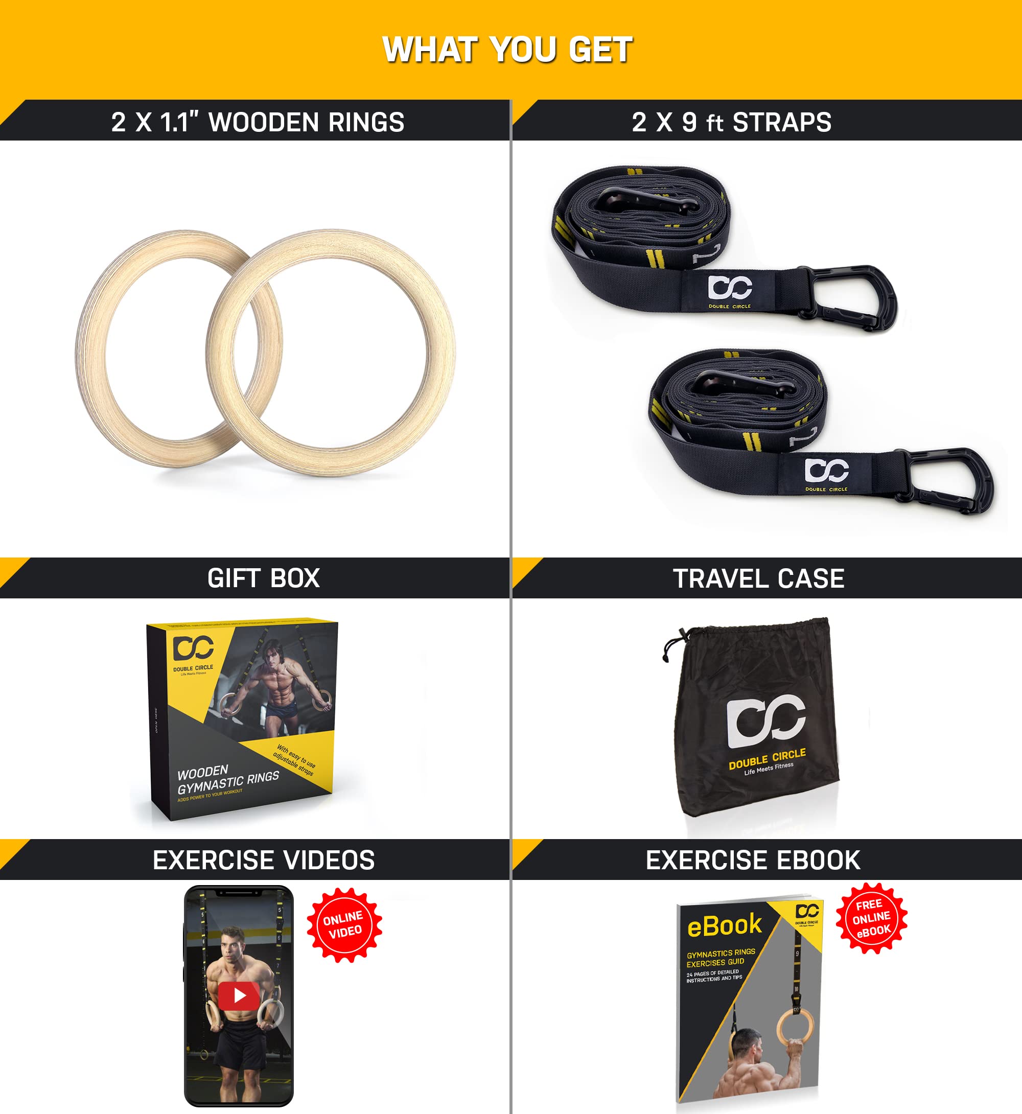 Double Circle Wood Gymnastic Rings 1.1 Inch, Numbered Straps and Exercise Videos Guide for CrossFit, Bodyweight Training, and Gym