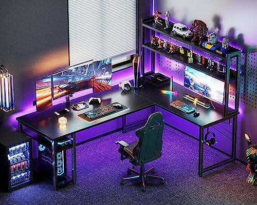 ODK L Shaped Gaming Desk with Hutch, Computer Desk with Storage Shelves, 66" L Shaped Desk for Home Office, Corner Desk with Headphone Hook, Black