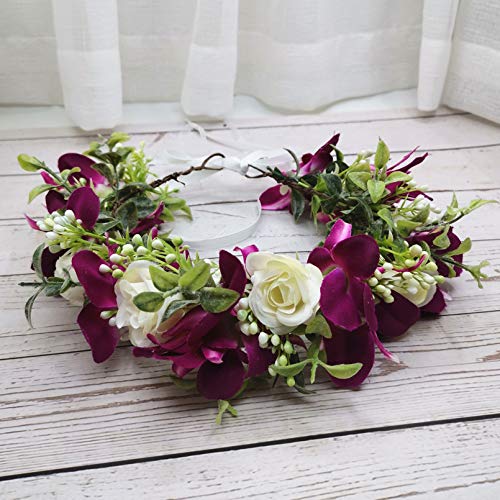 DDazzling Women Flower Headband Wreath Crown Floral Wedding Garland Wedding Festivals Photo Props (#Deep Purple)