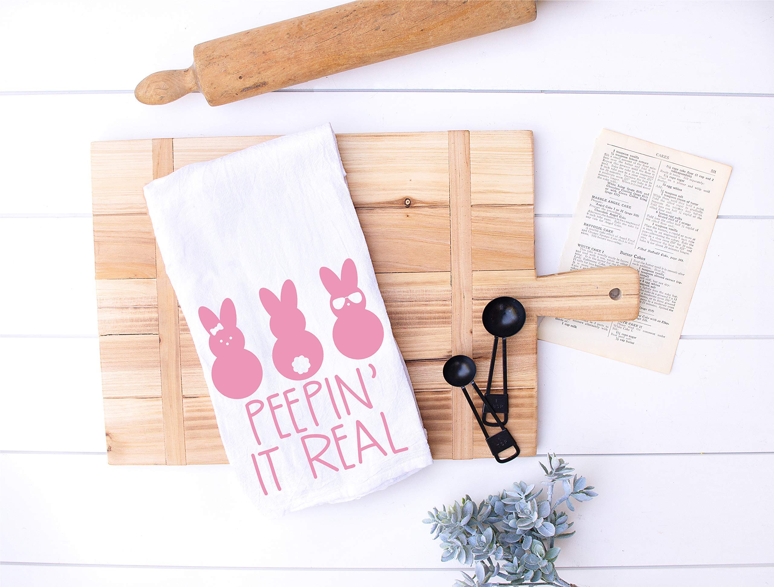 Handmade Happy Easter Kitchen Towels - 100% Cotton Pink Peepin It Real Cute Easter Dish Towel for Kitchen or Bathroom - 28x28 Inch Cute Housewarming Spring Cooking Party (Peepin It Real)