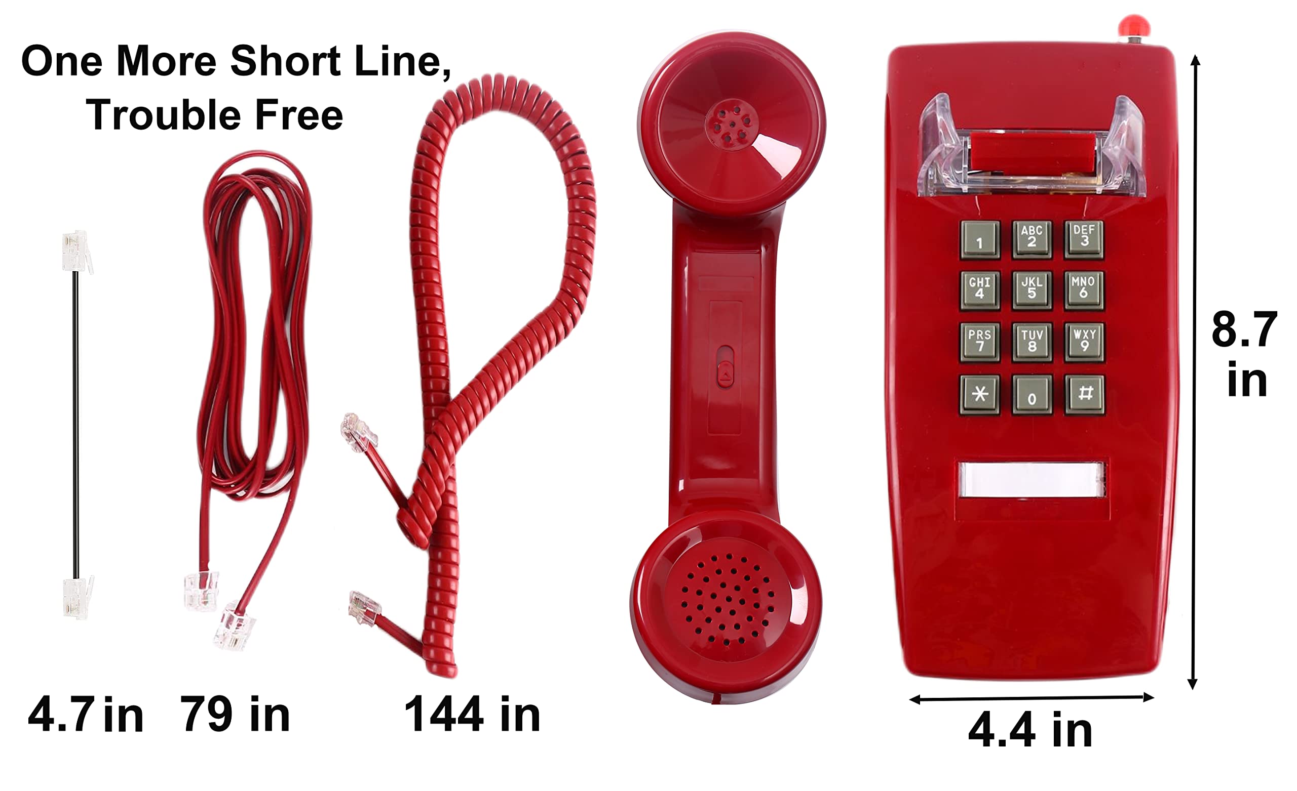 Traditional Wall Phones for Landline with Mechanical Ringing, Retro Wall Mounted Phone Waterproof, Classic 2554 Wall Telephone with Voicemail Indicator, Old Wall Mount Phone for Kitchen,Home,Red