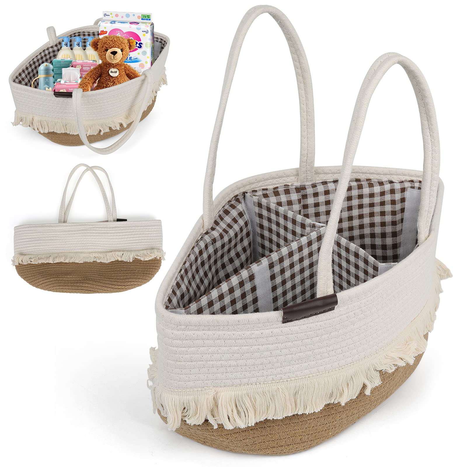 G.a HOMEFAVOR Baby Diaper Caddy Organizer - Extra Large Nappy Caddy Rope Nursery Storage Bin - Large Diaper Basket, 3 Compartments and 2 Removable Dividers, Brown