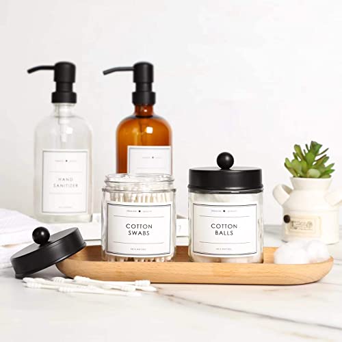 KUSVADO 2-Pack Bathroom Apothecary Storage Jars, Vanity Countertop Canister, Glass Jars Q-tip Holder, Cotton Swab Container, Bathroom Storage Container with 8 Pcs Waterproof Labels (9 Oz, Clear)