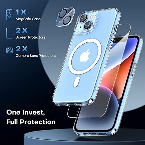 TAURI 5-in-1 Strong Magnetic Clear for iPhone 14 Case [Designed for Magsafe] with 2 Screen Protector +2 Camera Lens Protector, [Military Drop Protection] Slim Phone Case for iPhone 14 6.1 Inch