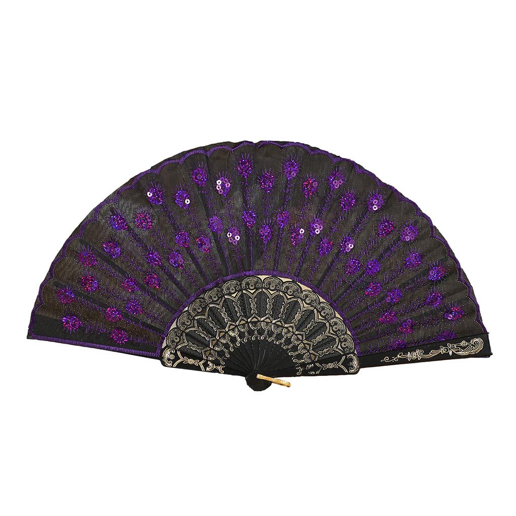 Folding Flower Hand Chinese Dance Wedding Silk Fan Style Lace Party Held Fans 6 Clip Fan Oscillating (Purple-`, One Size)