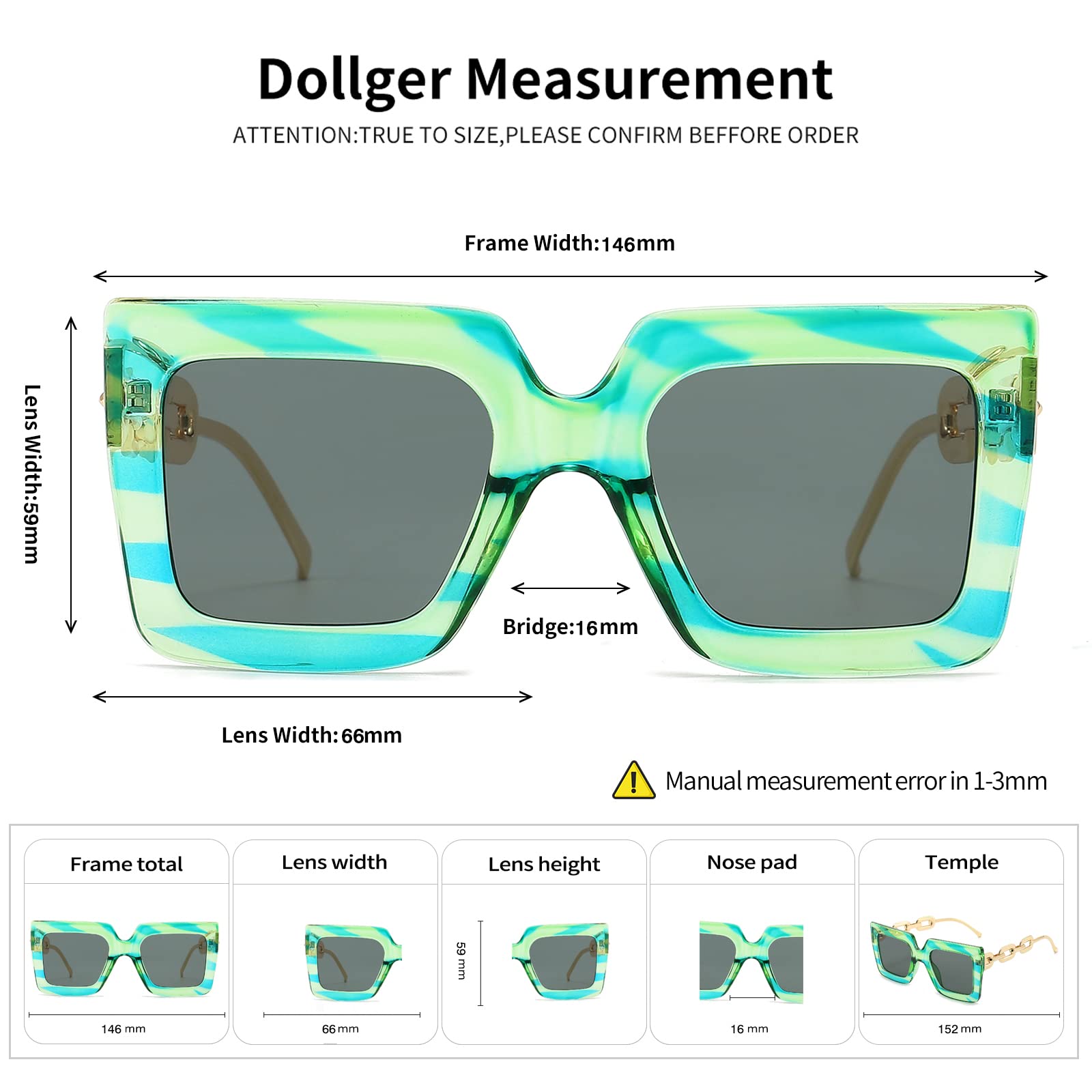 Dollger Oversized Square Sunglasses for Women Large Frame Metal Chain Arms UV Protection Glasses