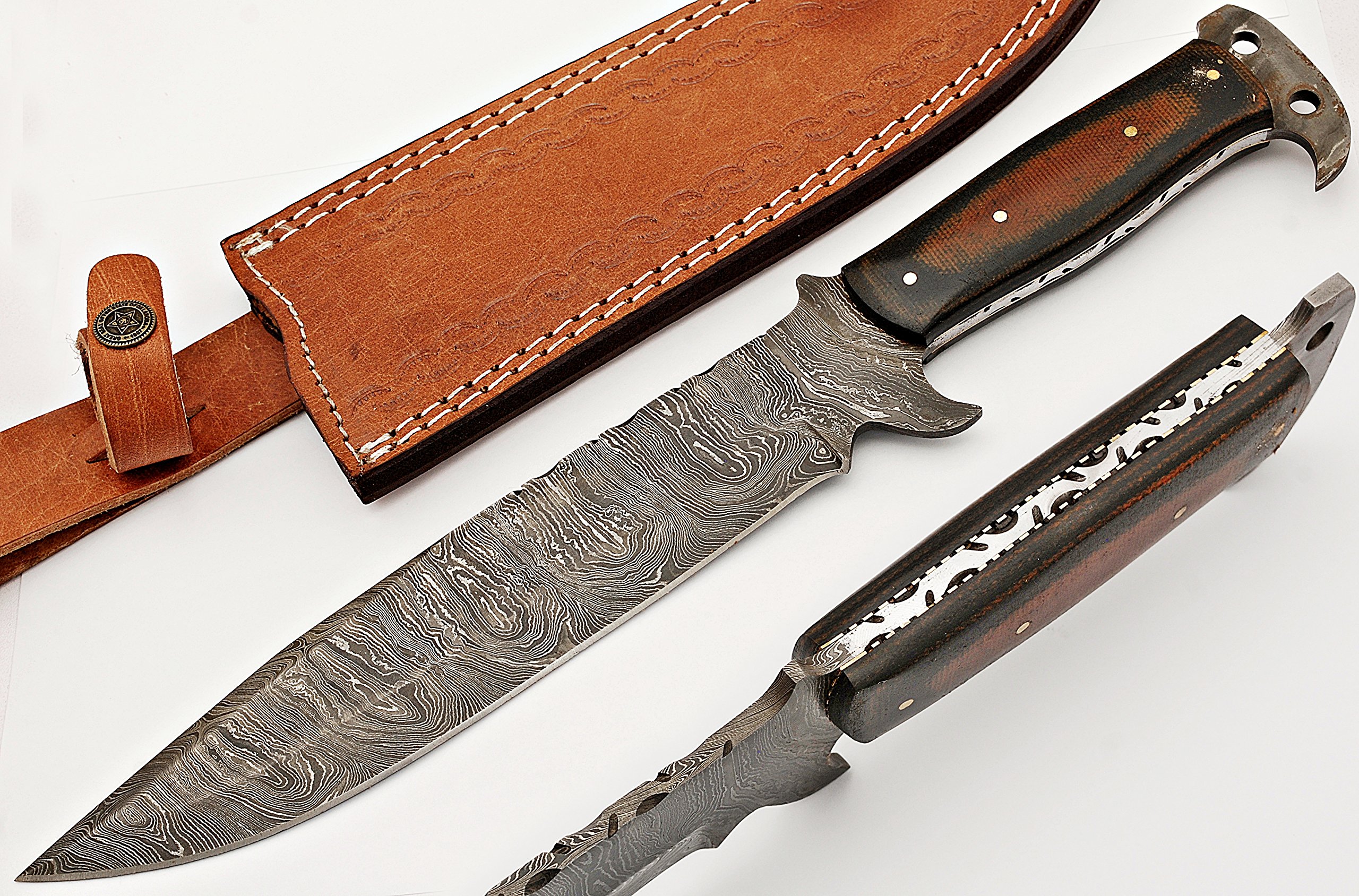 Damascus Hunting Fix Blade Knife | Custom Handmade Outdoor Camping Survival Kitchen Knives, Bowie Chef Knife EDC 18” Makala Wood Handle with Leather Sheath