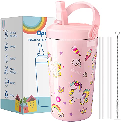 Opreine Kids Tumbler with Lid and Straw, 14oz Insulated Water Bottle with Straw, Stainless Steel Kids Cup for Girls, Double Wall Vacuum Thermos Water Bottle for School Sports Travel, Pink Unicorn