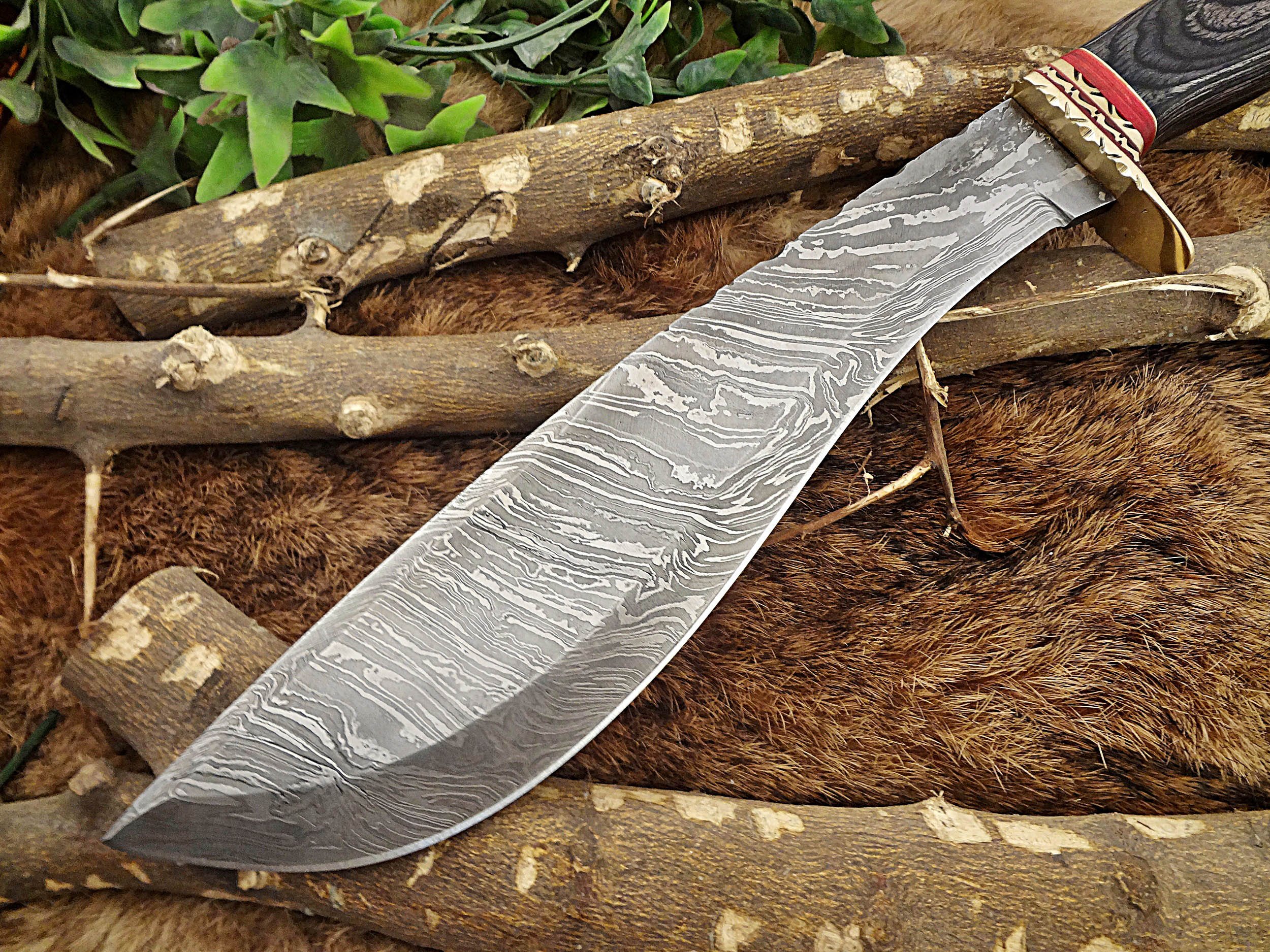 Damascus Steel Hunting Bowie Knife 14.5 Inches Custom Made Hand Forged with 10" Blade, 2 Tone Green Wood with Engraved Brass Scale, Thick Cow Hide Leather Sheath with Belt Loop (Black)