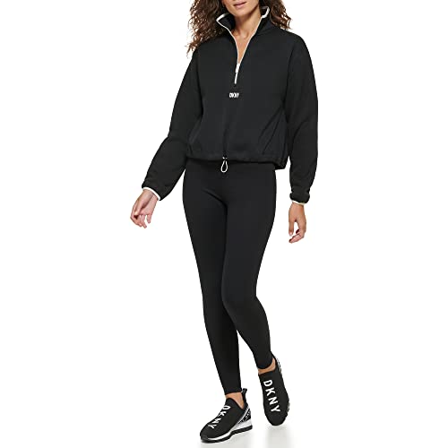 DKNY Women's Half Zip Fleece Sweater with Cinch Waist, Black, X-Small