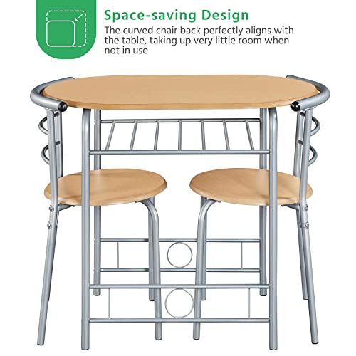 Yaheetech 3 Piece Round Dining Table Set Kitchen Breakfast Table Set for 2 Dining Table with 2 Chairs Space Saving Table Set w/Metal Frame, Wine Rack for Small Space/Dining Room/Apartment, Natural