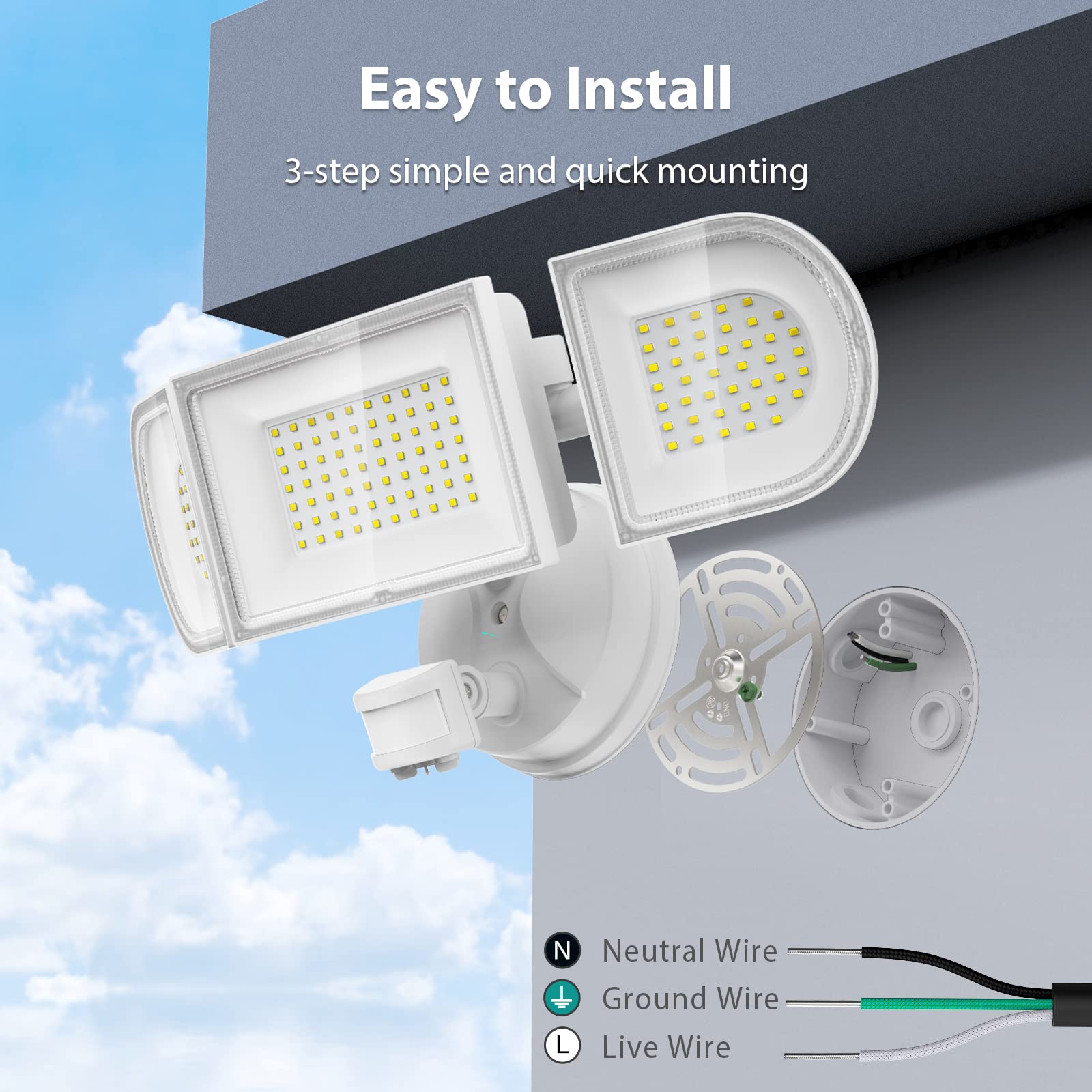 iMaihom 100W Motion Sensor Light Outdoor,9000LM LED Security Lights Outdoor,6500K Flood Lights Motion Detection IP65 Waterproof, 3 Head Adjustable Security Light Motion Outdoor for Yard Garage (White)