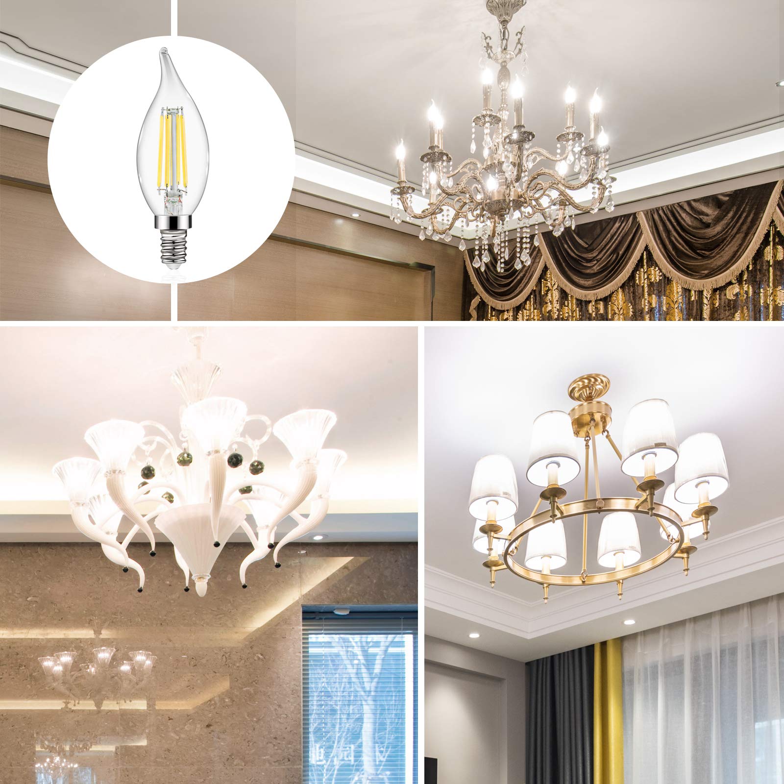 Defurhome E12 Candelabra Bulbs, 5W, Equivalent 60W, 550LM, Flame Tip, Daylight White 5000K, Non-Dimmable, Chandelier Candle Base, Decoration Clear Glass Light Bulbs, Pack of 6