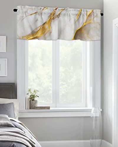 Yun Nist Window Valance Curtain Abstract White Marble Gold Stripe Valances for Kitchen Windows,Modern Geometry Art Rod Pocket Short Curtains for Bedroom,Bathroom,Living Room 60x18Inch
