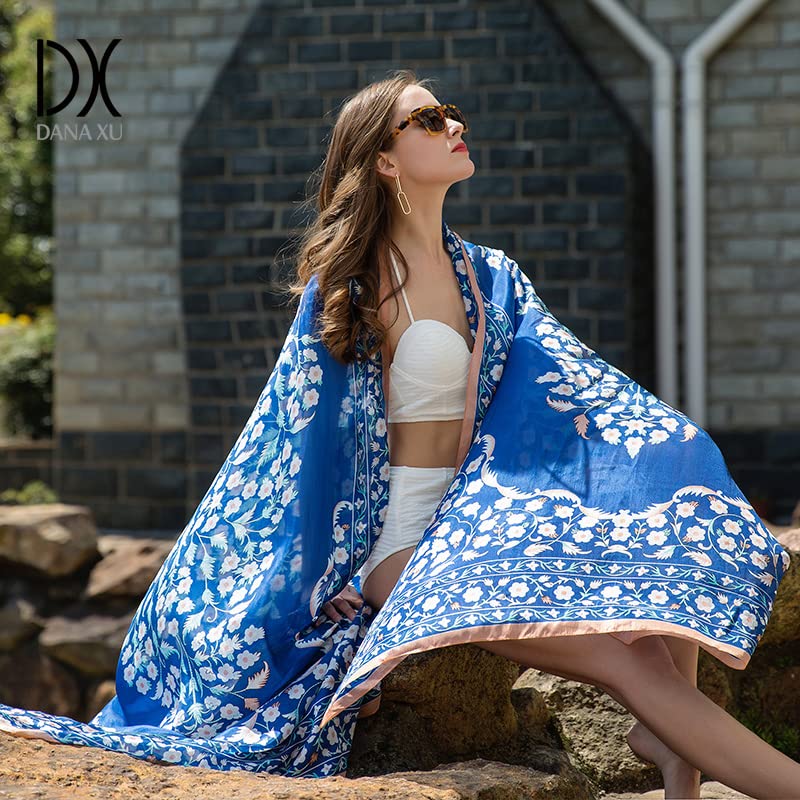 DANA XU 100% Mulberry Satin Silk Summer Travel Scarf Extra Large Women Floral Shawl Oversize Soft Wraps For Evening Dresses
