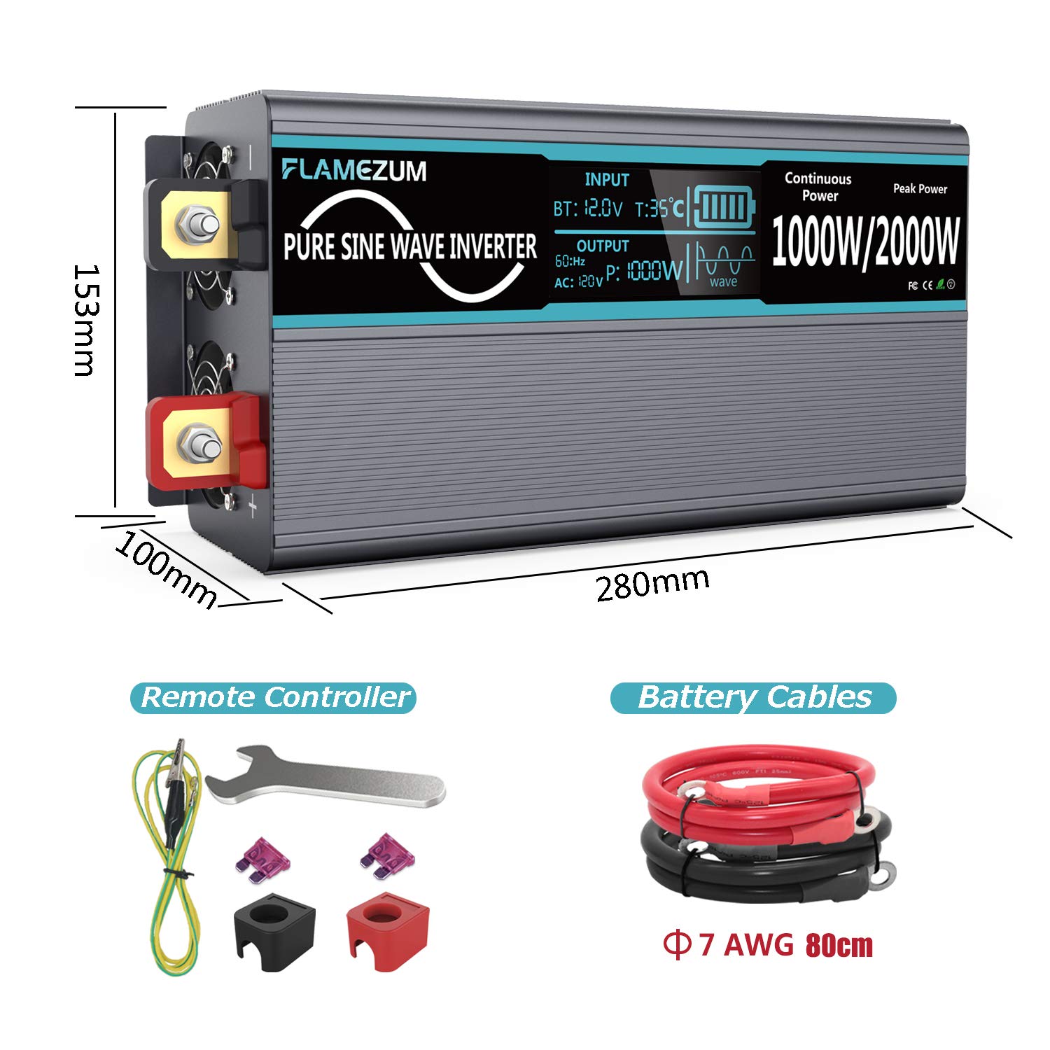 FLAMEZUM 1000W Continuous/2000W Peak Pure Sine Wave Inverter DC 12V to AC 110V Car Power Inverter with Remote Control 3 AC Outlets & 2A USB Output
