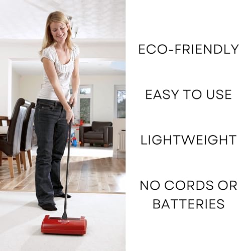 Ewbank 525 Speedsweep Compact Manual Floor Sweeper for Cleaning Floors and Carpets, 3.7-Foot Handle, 8-inch-Wide Sweeping Path, Red
