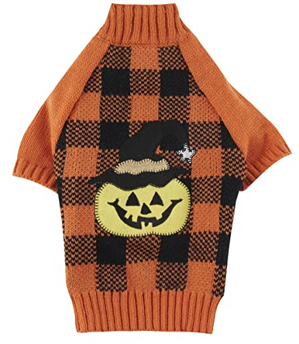 Orange Black Plaid Pet Halloween Holiday Clothes Pumpkin Dog Sweater for Small Dogs, Small (S) Size