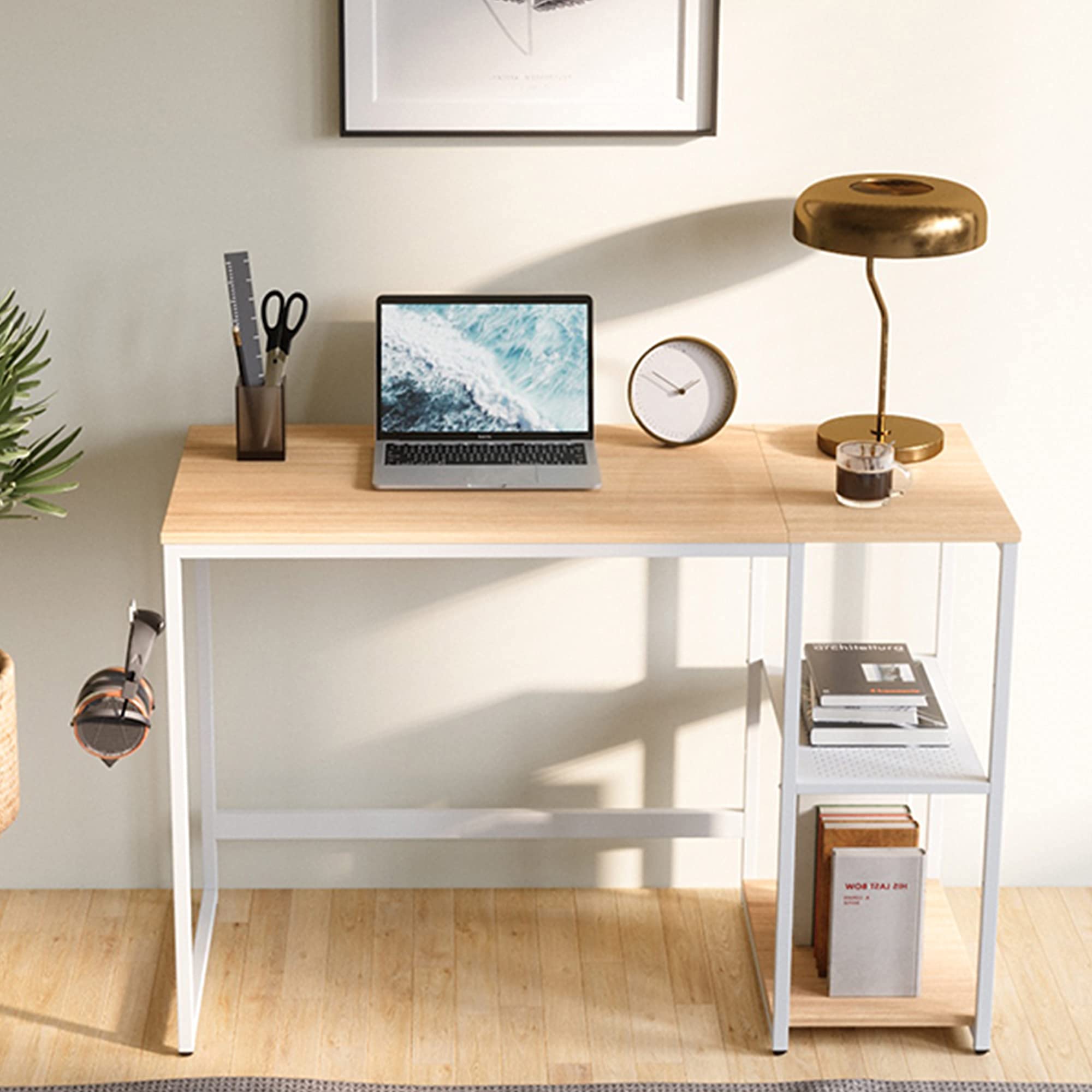 DOMY HOME Office Desk w/Storage Shelves, 43" Small Student Kids Writing Desk Headphone Hook Bedroom Dormitory PC Laptop Home Office Table Sturdy Metal Frame, Easy Assembly Oak