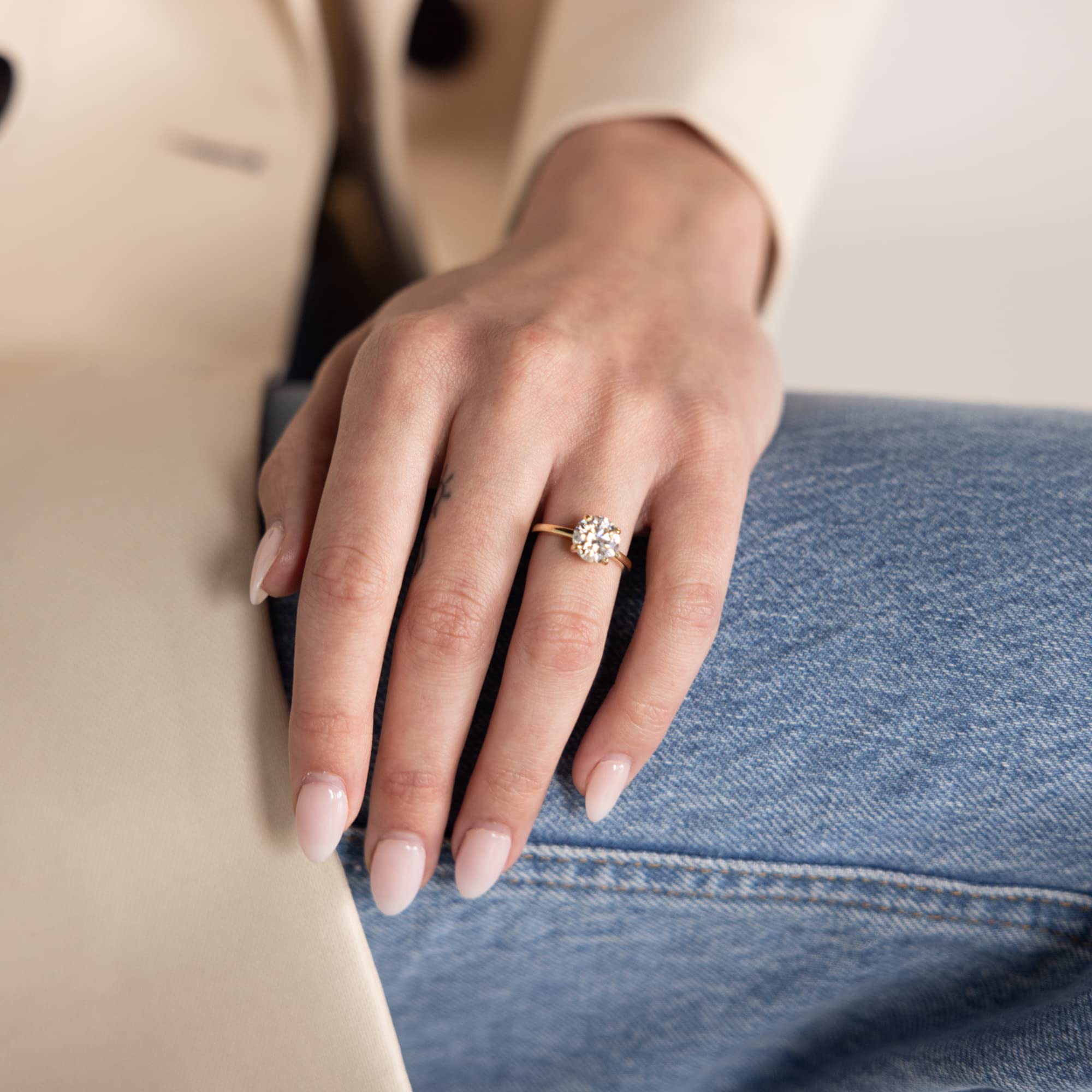 espere 3 Carat Round Moissanite Engagement Ring in 14K Yellow Gold | Round Cut Classic Solitaire Engagement Ring in Plain Band Size 7