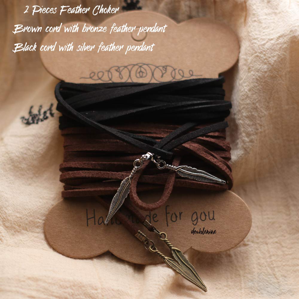 Doubnine Boho Feather Choker Wrap Necklace 2pcs Versatility Vegan Suede Y Lariat Gothic Black Brown Bronze Accessories for Women
