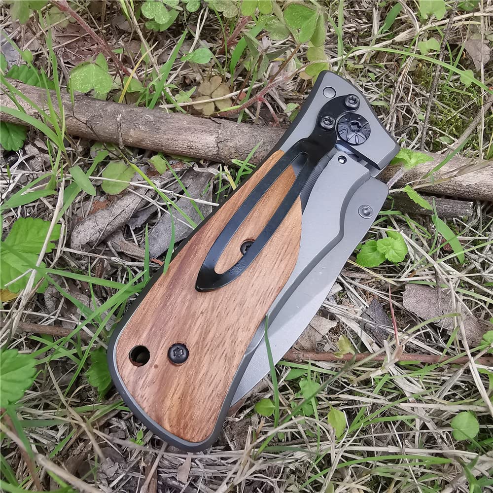 Folding Knife EDC Pocket Knife, Wood Handle with Drop Clip Point Blade,Flipper Clip Pocket Knife for Camping Hunting Hiking