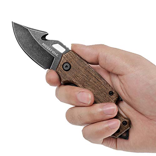 Mossy Oak Mini Folding Pocket Knife, Stainless Steel Drop Point Blade - EDC Multi-tool with Bottle Opener and Glass Breaker(Wood)