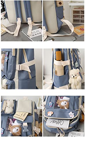 MWZING kawaii Backpack 5 Piece Backpack Set with handbag Pencil Box Small Cell Phone Purse Receive Bag with Pendant Pins Blue