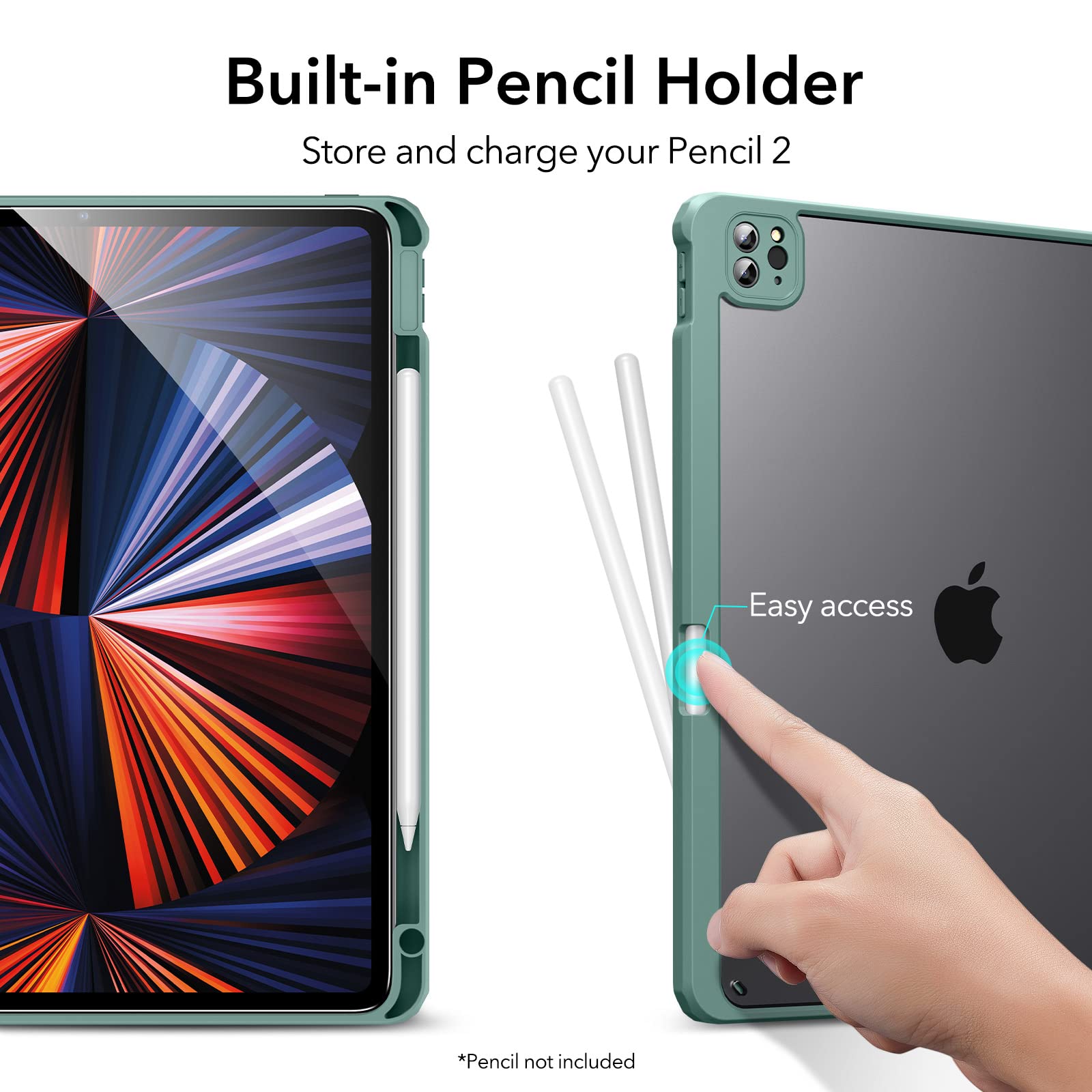 ESR Hybrid Case Compatible with iPad Pro 12.9 Inch 2021/2020/2018 (5th/4th/3rd Generation) with Pencil Holder, Detachable Magnetic Case, Hard PC Back Cover, Auto Sleep/Wake, Rebound Series, Green