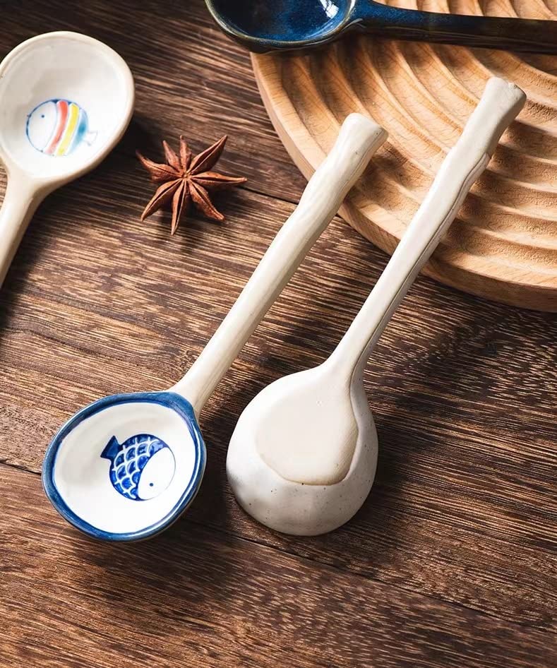 YUURAIN VUVU Japanese Large Spoon, Handmade Long Handle Asian Spoons, Retro Ceramic Spoons, Ramen Spoons, Pho Spoons, Large Soup Spoons with Cute Hand-Painted Pattern, Hand-Kneaded (2 Pieces) - D