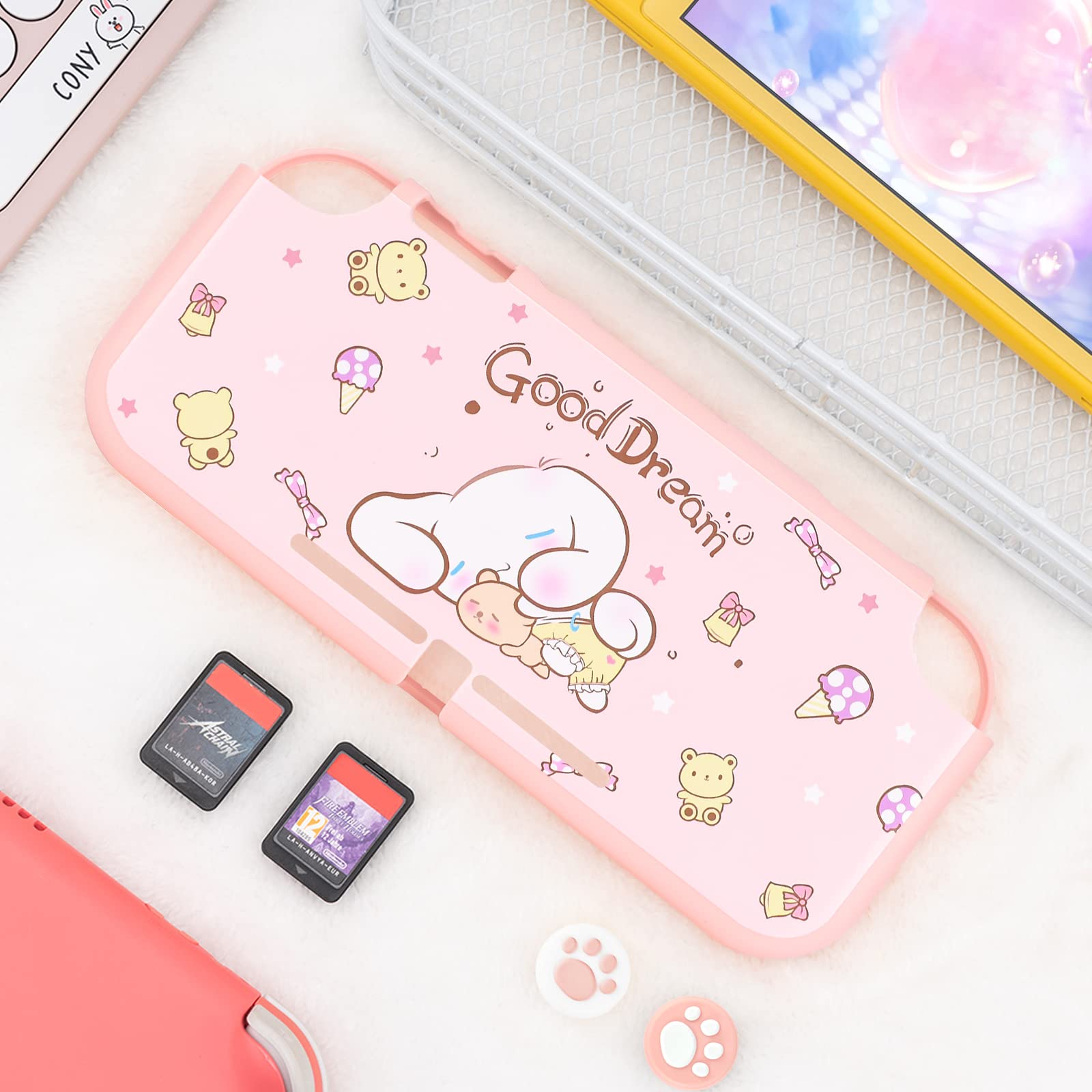 DLseego Protective Case Design for Switch Lite, TPU Cover Case Cute Rabbit Animal Pattern Shock-Absorption Design Hard Cover with 2 pcs Thumb Grips - Pink Rabbit