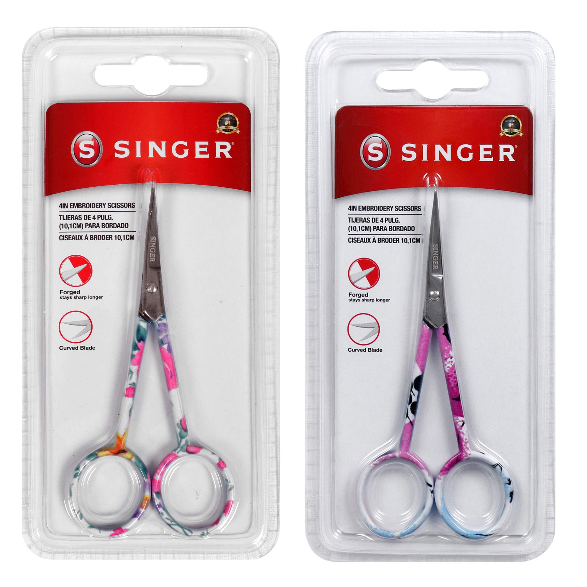 SINGER 4 Inch Forged Embroidery Scissors with Curved Tip for Sewing, Cross-Stitching, Crafts, & More (White Floral & Pastel Print, 2-Pack)