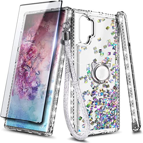 NGB Supremacy for Samsung Galaxy Note 10 Plus/Note 10 Plus 5G Case with Screen Protector (Maximum Coverage, Flexible TPU), Ring Holder/Wrist Strap, Glitter Liquid Cute Case (Clear Gem)