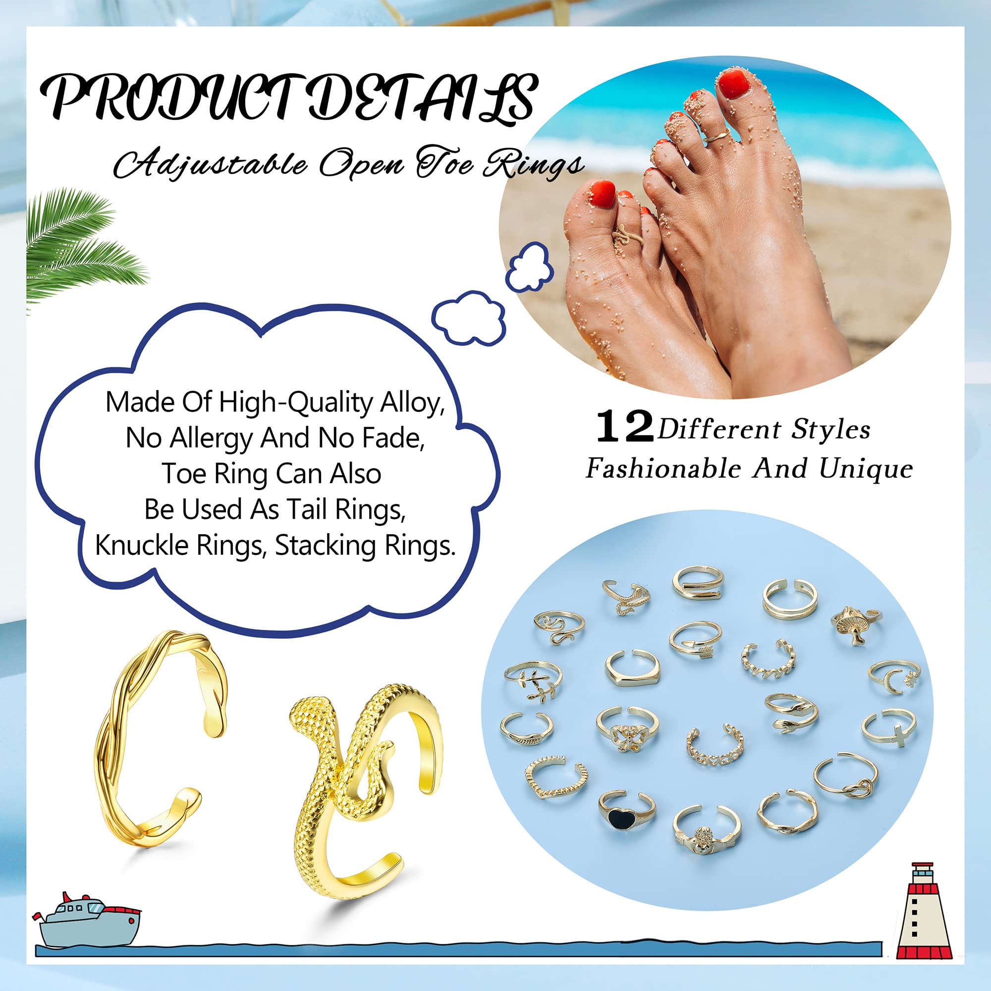 DOLOTTA 20PCS Adjustable Toe Rings for Women Heart Leaf Arrow Open Toe Ring Set Knuckle Midi Tail Ring Women Summer Beach Foot Jewelry Set