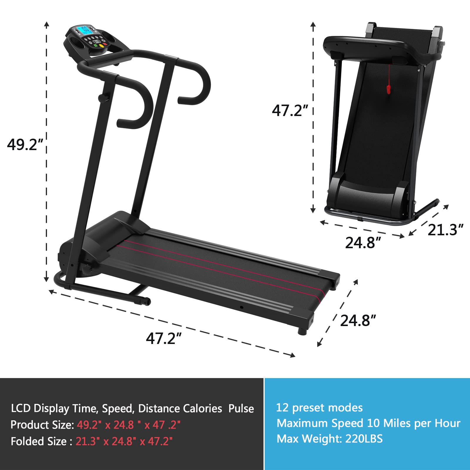 Fophet Folding Treadmill, 1.5 HP Foldable Electric Motorized Treadmill Running Exercise Machine, Space-Saving Easy Assembly Fitness Jogging Workout, 12 Preset Programs, and LCD Display/ 2* cup Holders