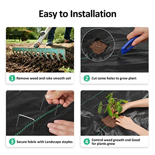 Duerer 4ftx100ft Weed Barrier Landscape Fabric Heavy Duty 3.2oz Woven Weed Control Block Ground Cover Mat for Yards, Patios, Garden Bed, Commercial Landscaping, Pathways with 30pcs U-Shaped Stakes