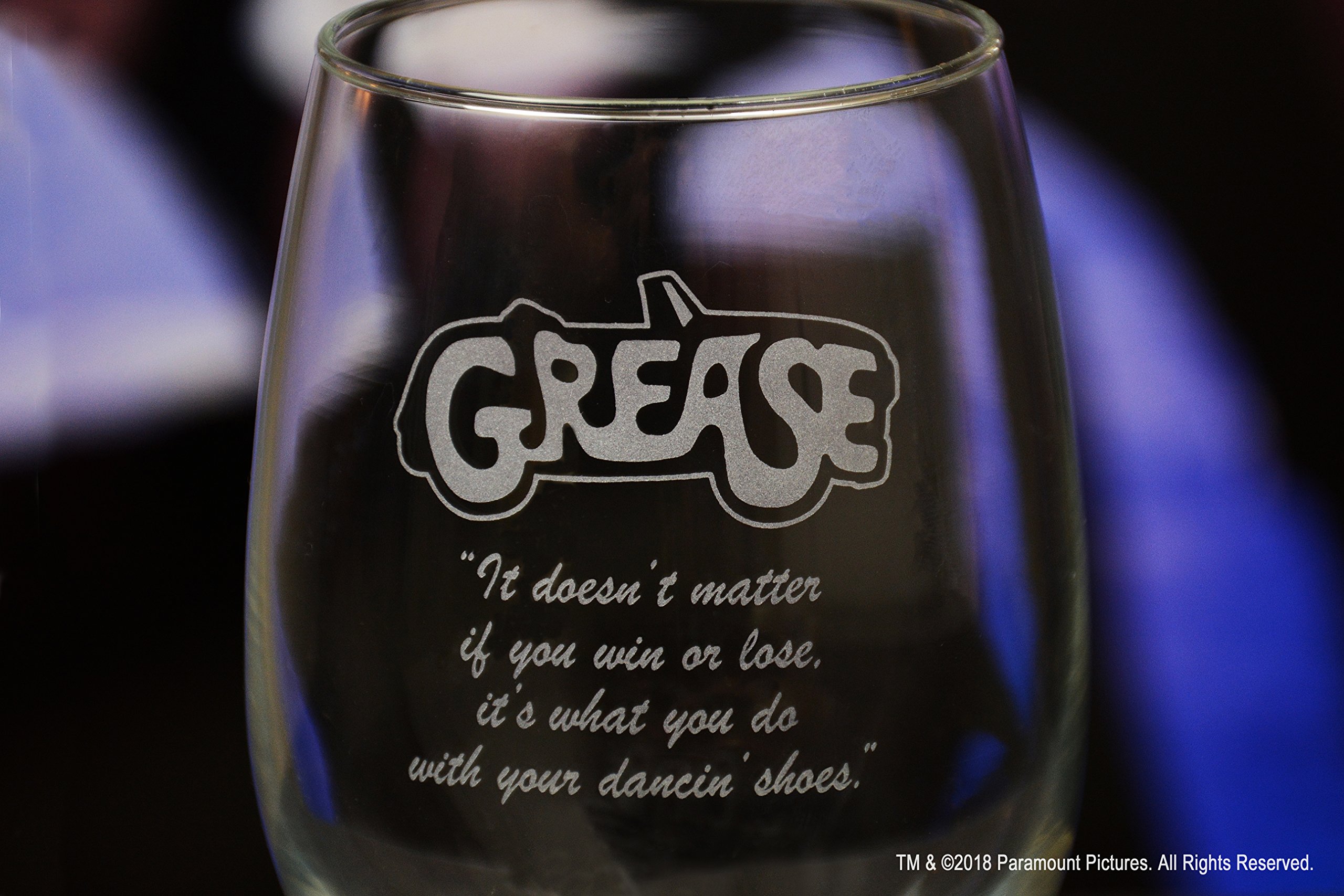 Grease Etched Stemless Wine Glass - w/Logo & Quote "It doesn't matter if you win or lose, it's what you do with your dancin' shoes" - Premium Quality Licensed, Handcrafted Glassware 15oz