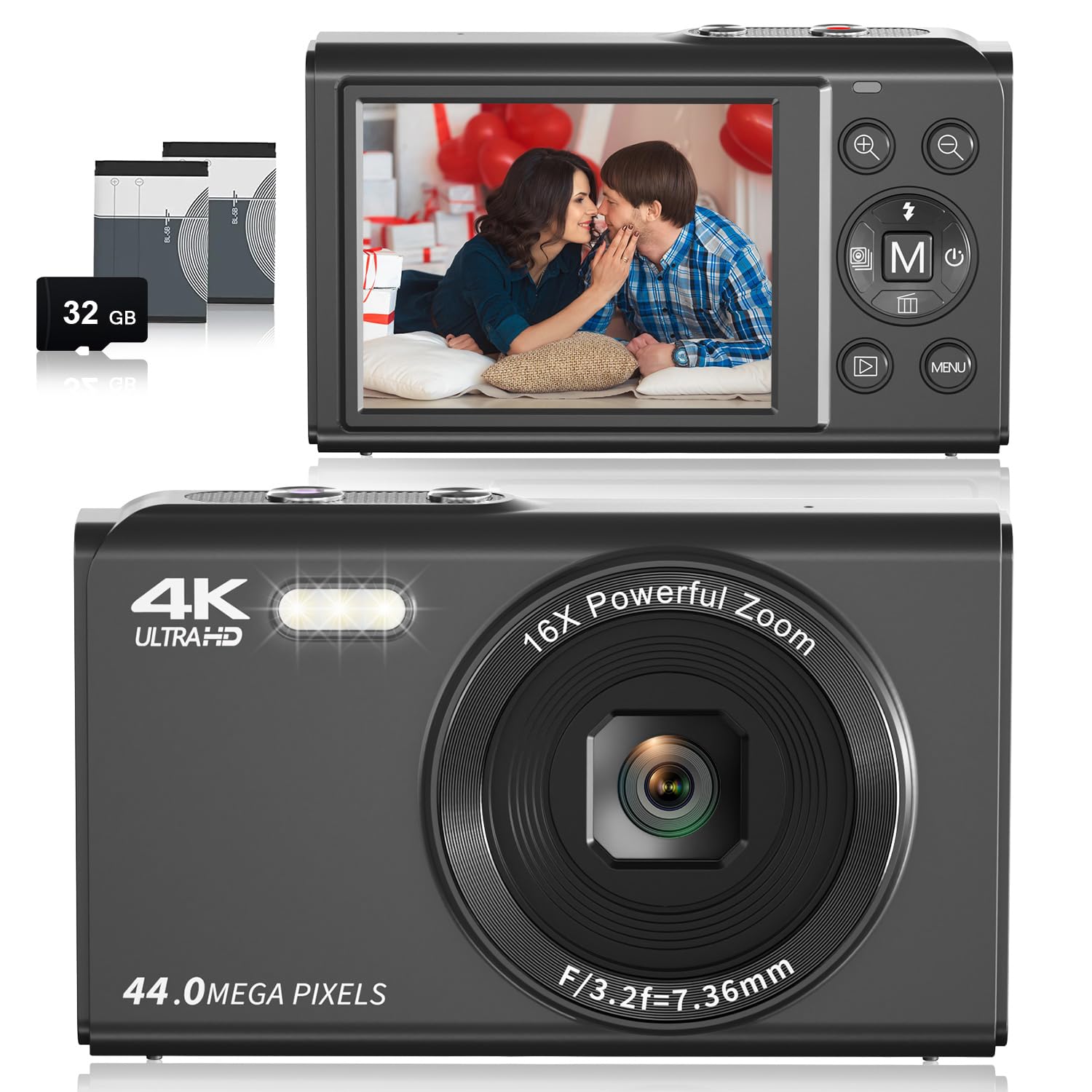 Digital Camera 1080P 44mp Camera, 16x Digital Zoom 3 Inch Camera, with 32GB SD Card, Two Batteries