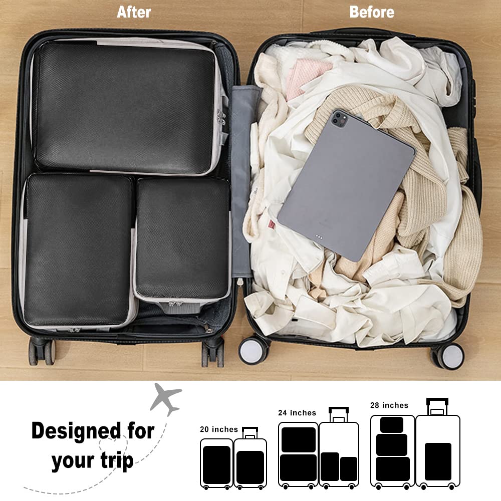 Compression Packing Cubes for Travel, 4 Pack Expandable Storage Bag Luggage Packing Organizers Compression Cubes for Suitcases Backpack (4 Set) (black)