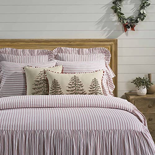 Piper Classics Timeless Ticking Red Ruffled California King Bedspread, High Skirt on 3 Sides, Vintage Farmhouse Bedding, Christmas