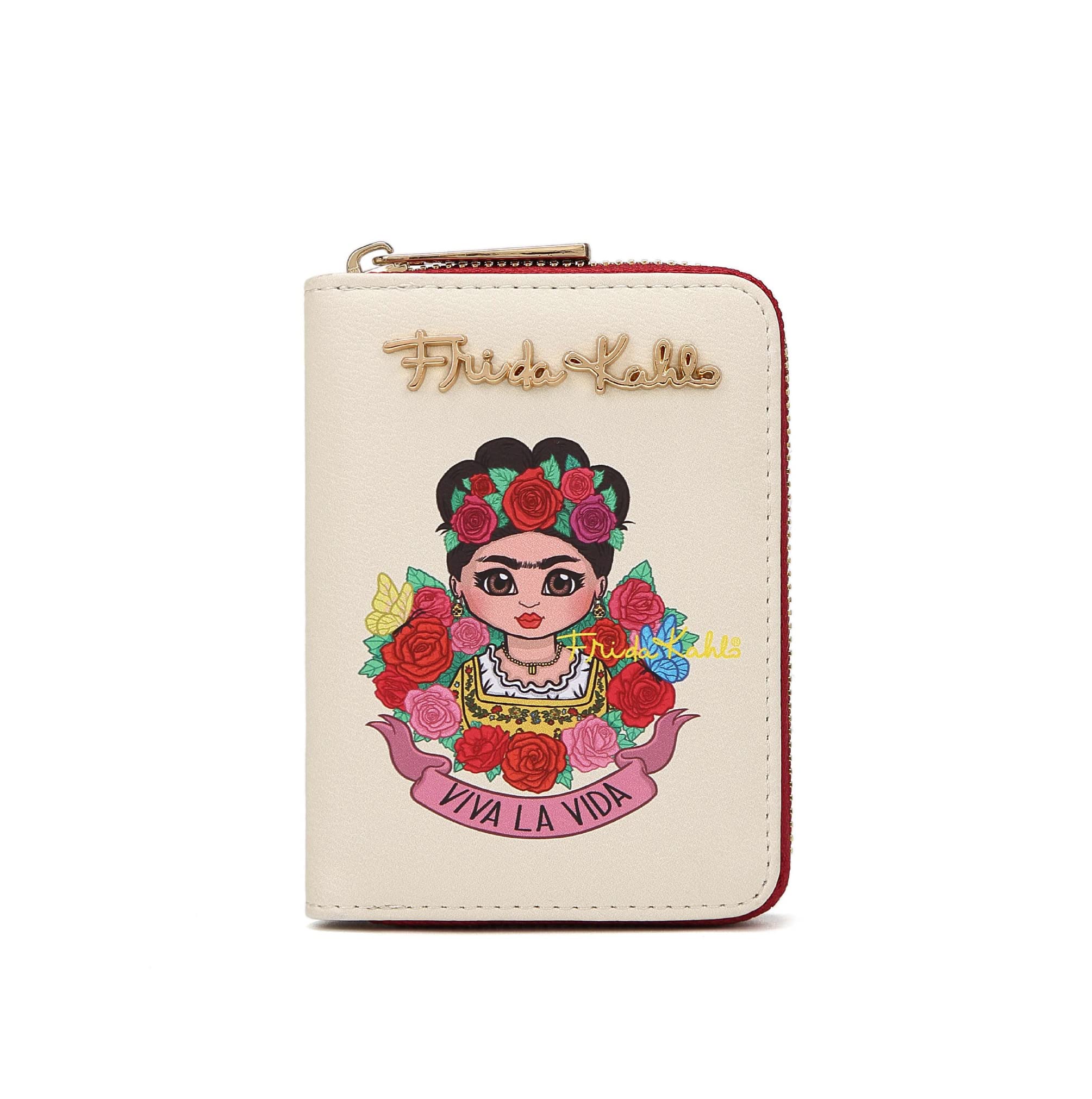 Frida Kahlo Cartoon Collection Cute Zip Around Wallet (Beige/Red)