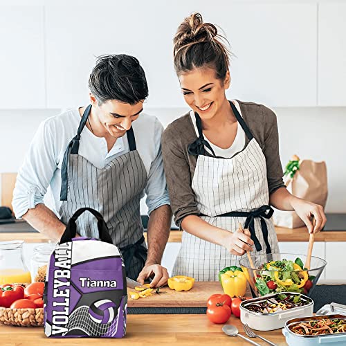 zaaprintblanket Custom Name Lunch Bag For Men Women Personalized Volleyball Purple White Cooler Lunch Box Portable with Name for Gift Workout Camping