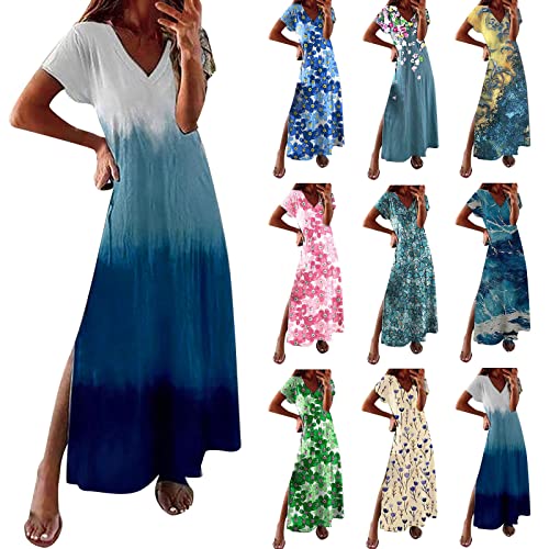 Fall Women Maxi Dress Summer Spring Short Sleeve Split Long Casual V Neck Boho Tank Dresses Beach Sundress Blue