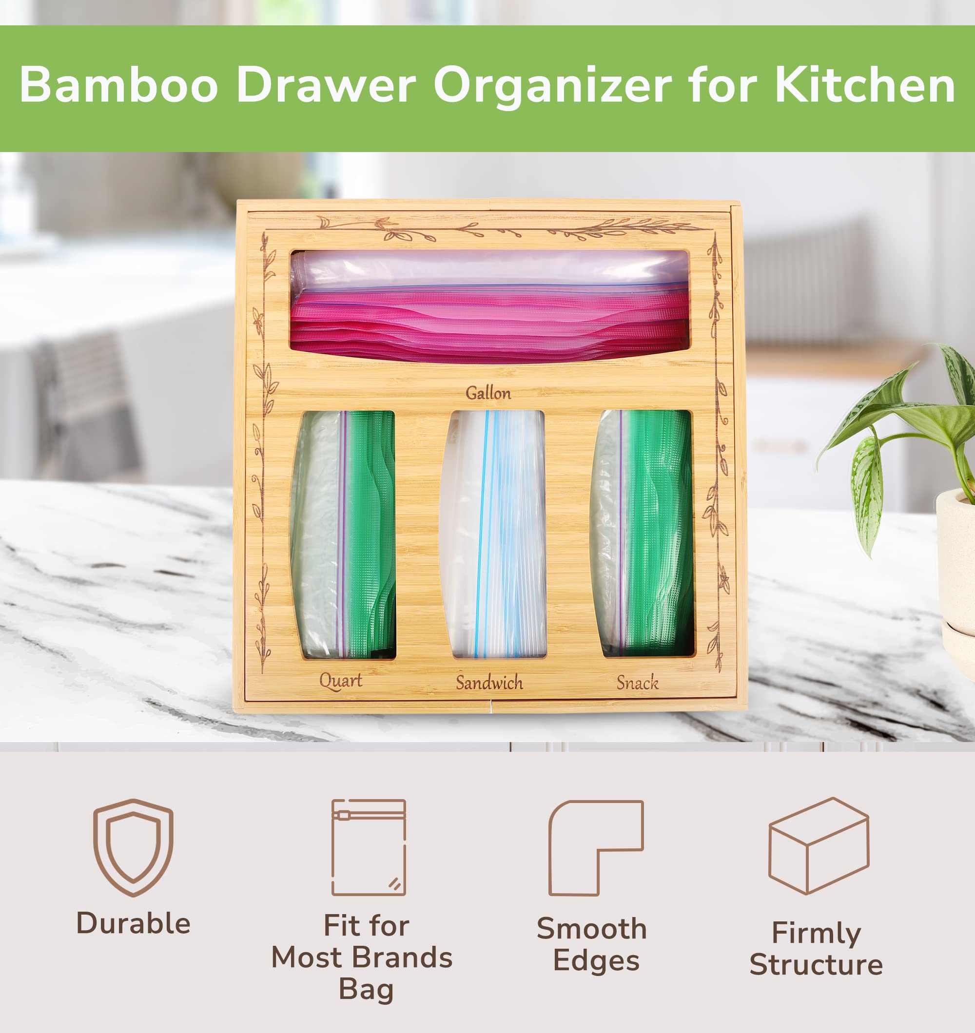 EVERLIVING Bamboo Ziplock Bag Organizer for Drawer & Countertop β Convenient 6-Slot Plastic Bag Organizer β Aluminum Foil Organization and Storage with Cutter β Ziplock Bag Storage Organizer