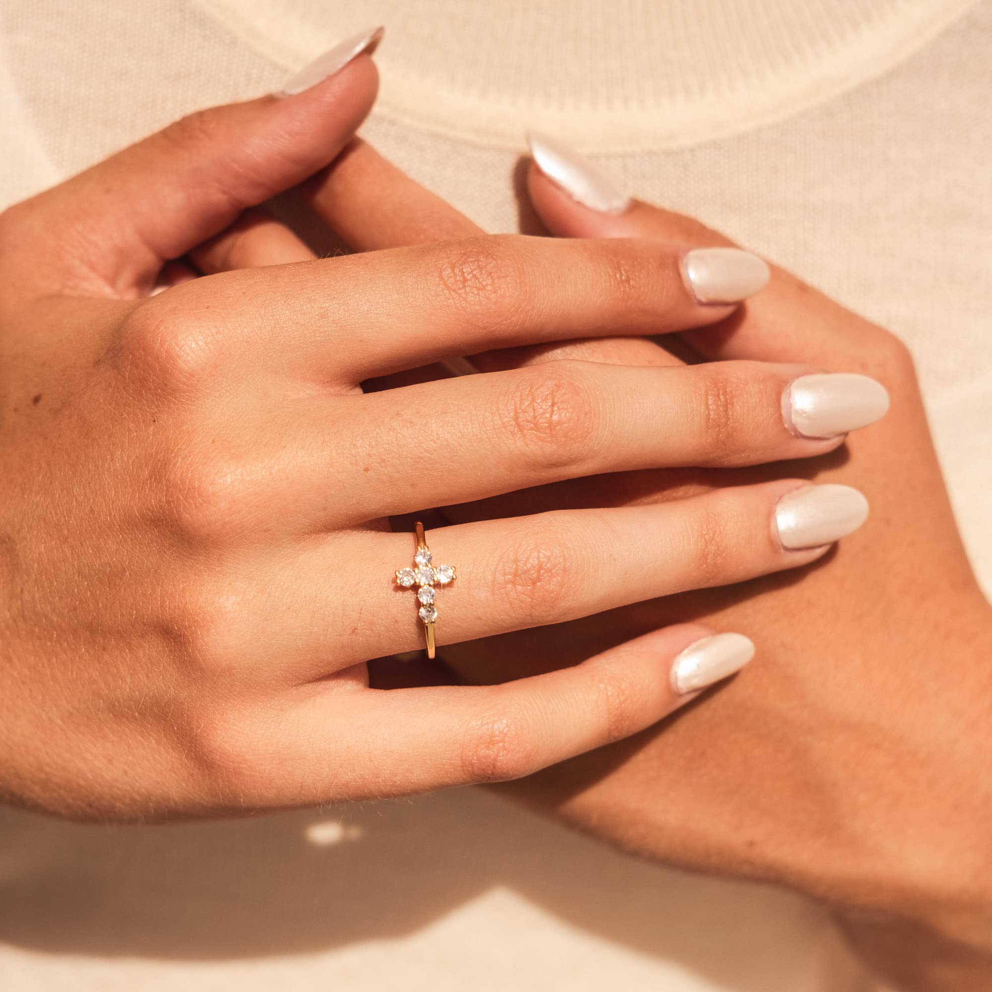 Forever Fervent Sideways Cross Pave Ring | 18K Gold | Petite CZ Christian Band | Religious Polished Finish Set | Size 7
